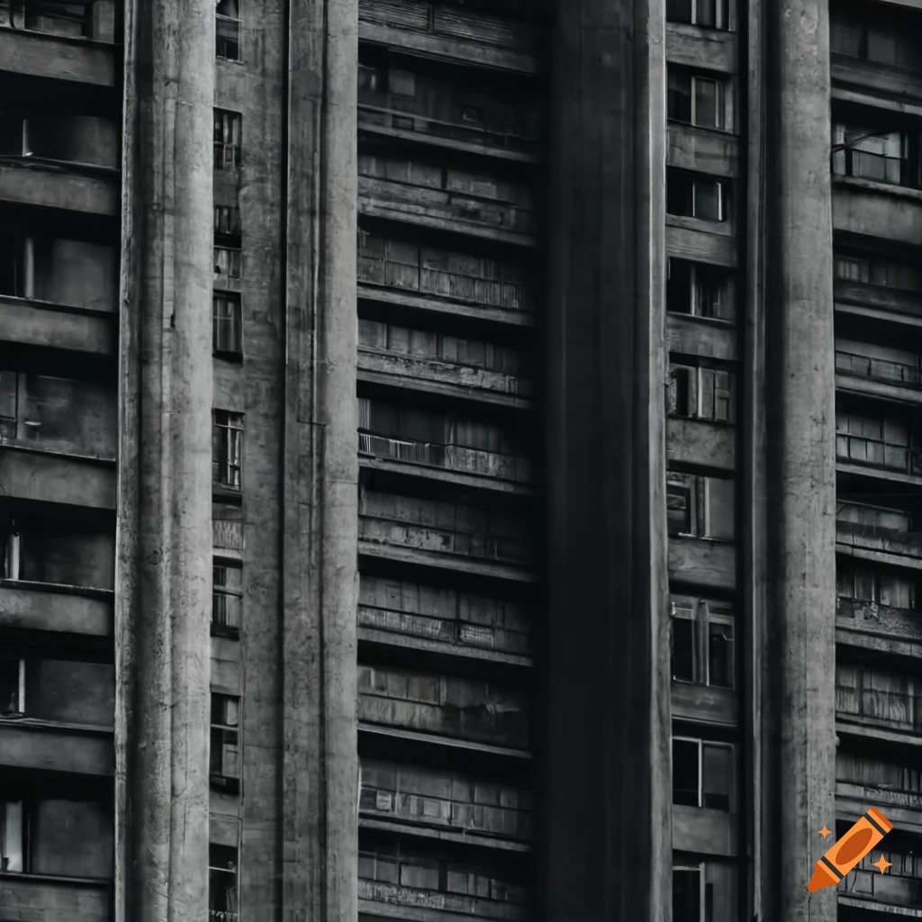 Cinematic low fov shot of grey concrete brutalist building