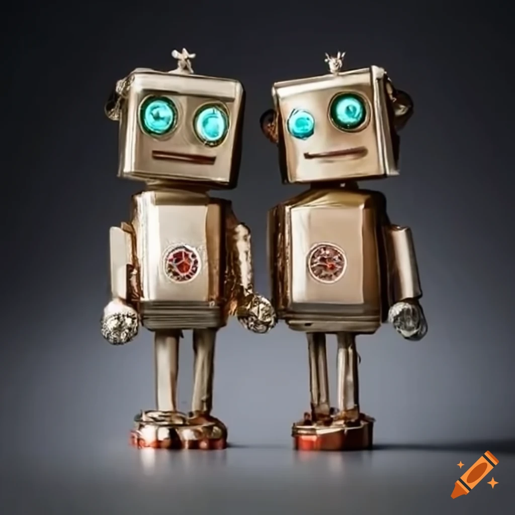 Two tin foil toy robots holding hands and standing together