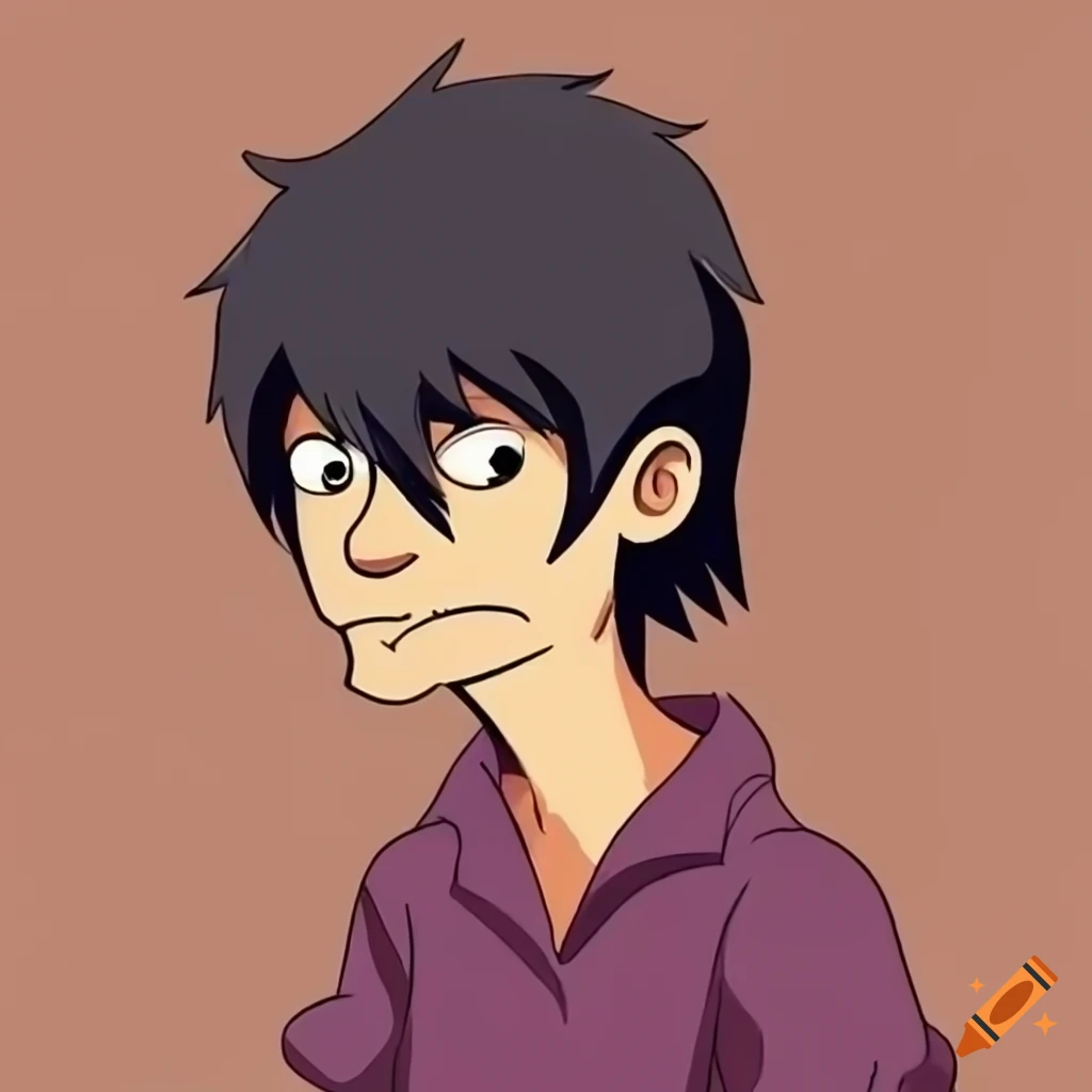 Young man with short dark shaggy hair and a long face. In the style of ...