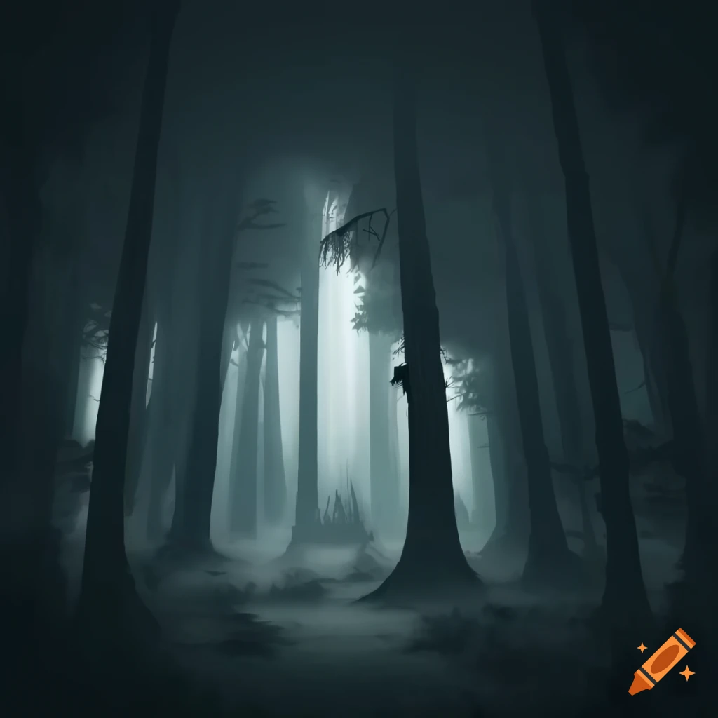 Strange alien forest area with gray trees and strange plants, gray ...