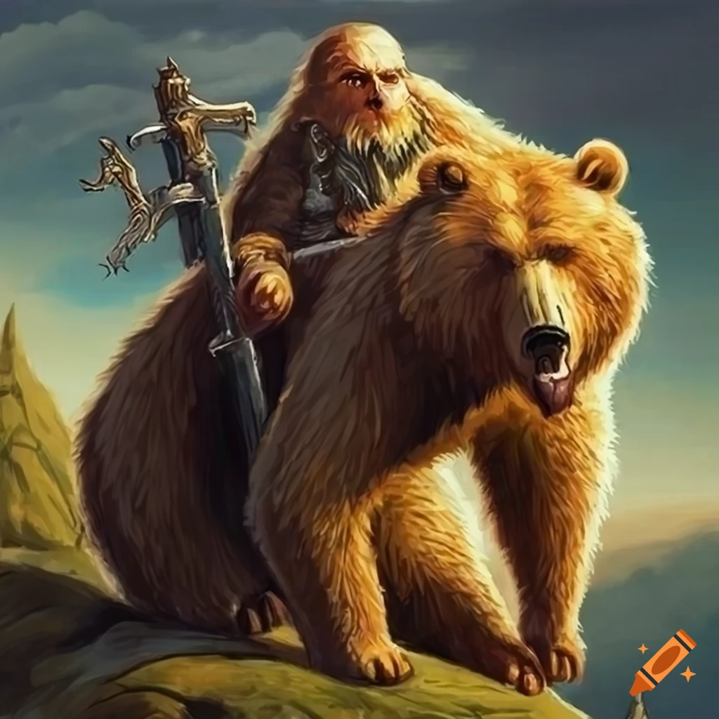 A jrr tolkien dwarf riding a bear. drawn by ted nasmith on Craiyon