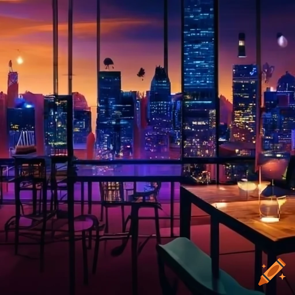 A background image of a stylish rooftop bar with a panoramic cityscape ...