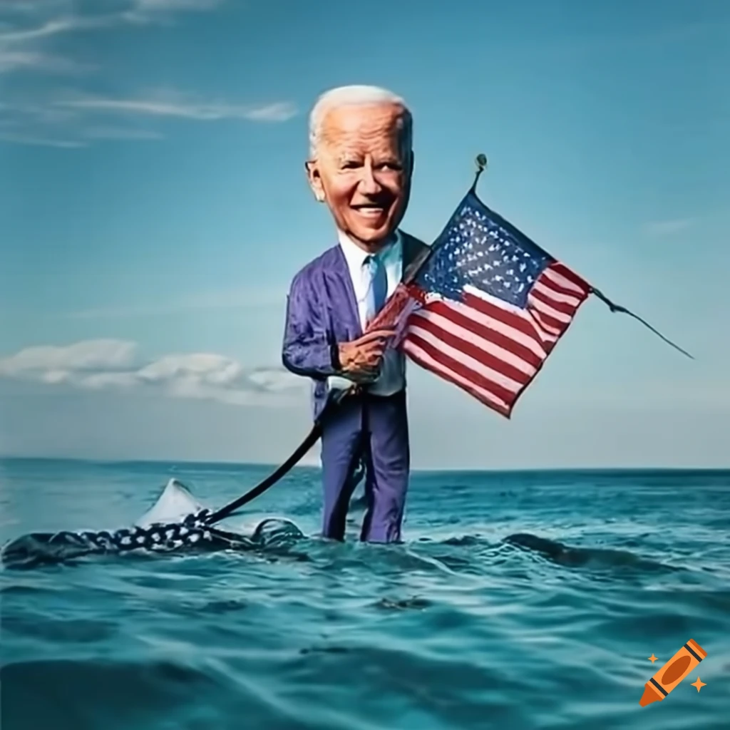 Joe biden holding an american flag and riding a shark