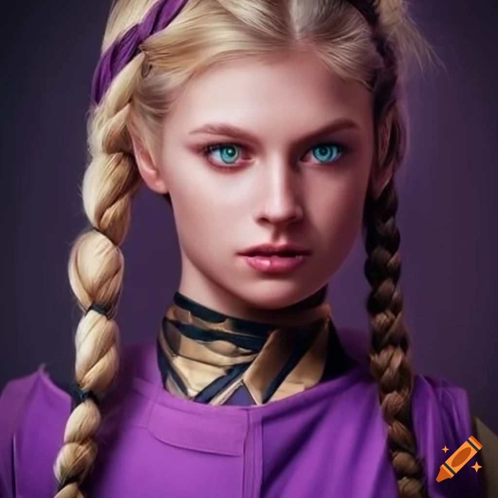 Blonde woman with braid in a purple warrior uniform