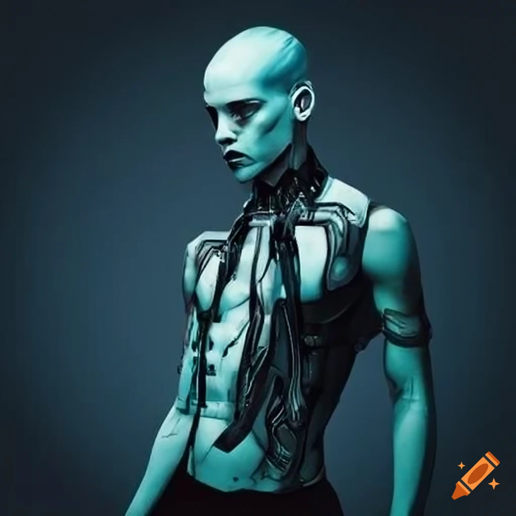 An edgy male cyborg showcasing futuristic gothic fashion on Craiyon