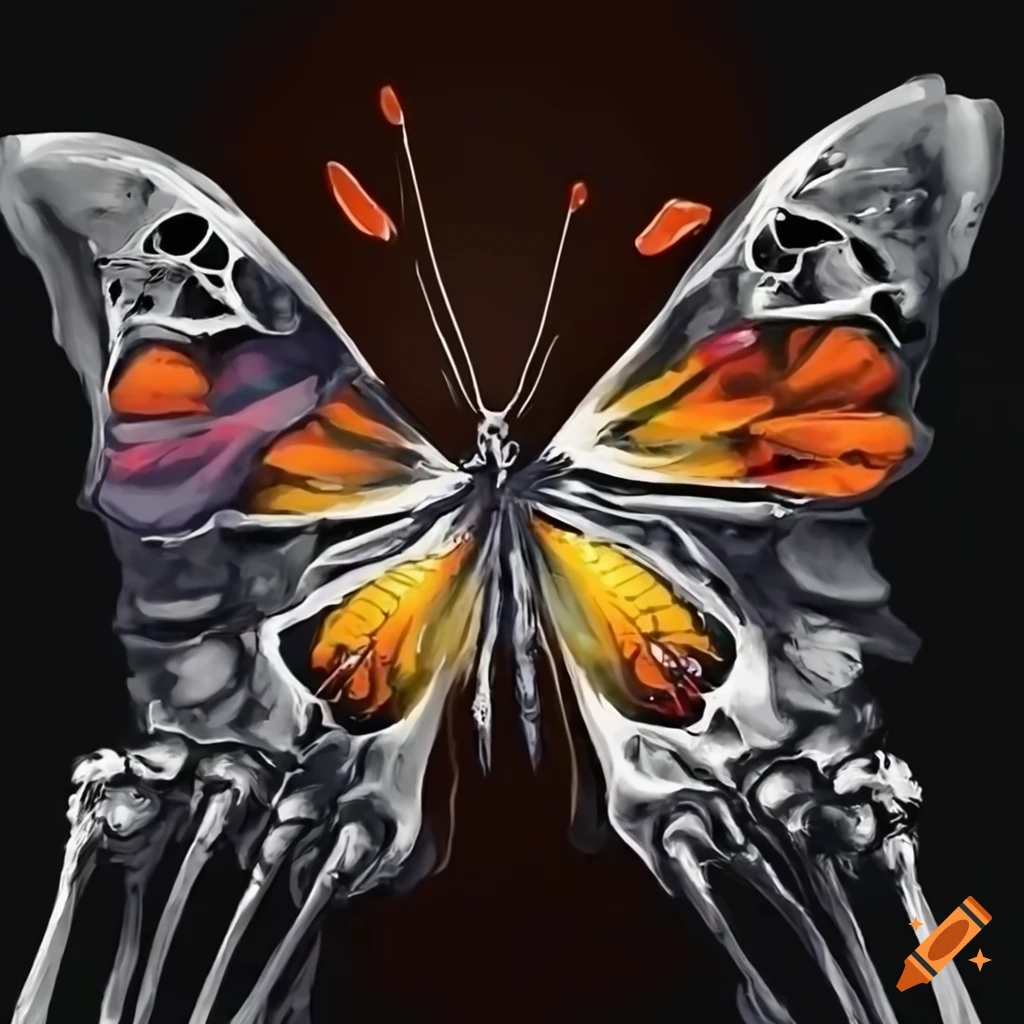 Skeleton hand with butterfly resting on finger on Craiyon