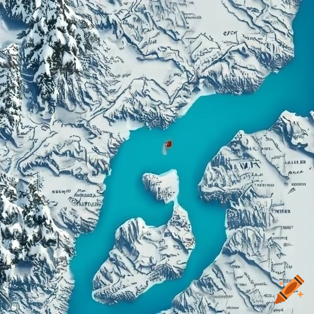 Top down map of a snowy and mountainous country on Craiyon
