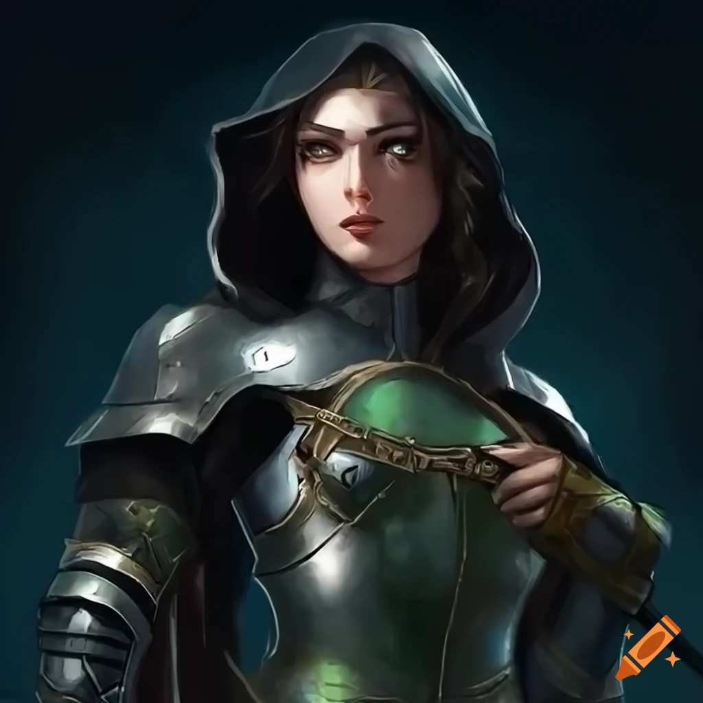 Woman with silver and green armor, long black hair and green eyes. She ...