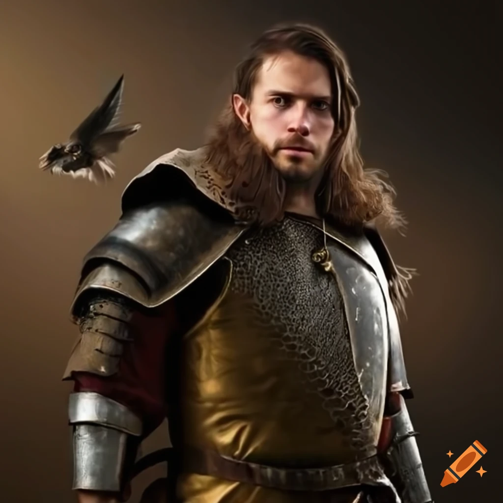 Handsome medieval warrior with falcon on his shoulder