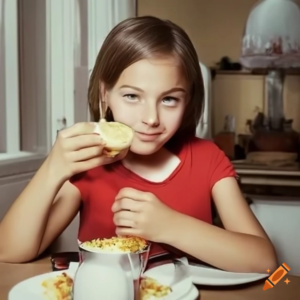 Beautiful girl age 12 having dinner