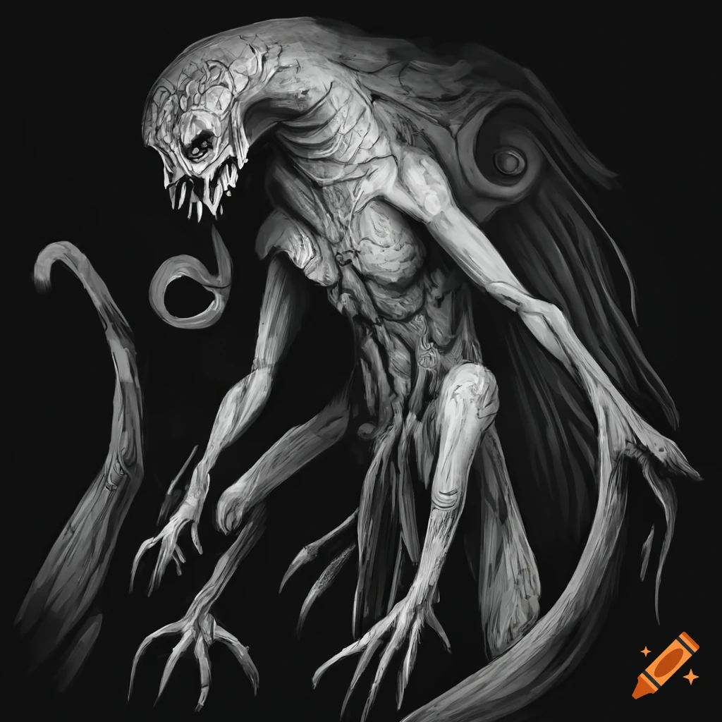 A black and white drawing of a weak darkness disciple creature