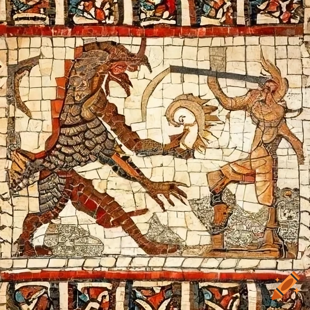 A historical mosaic depicting an adventurer battling a mythical creature