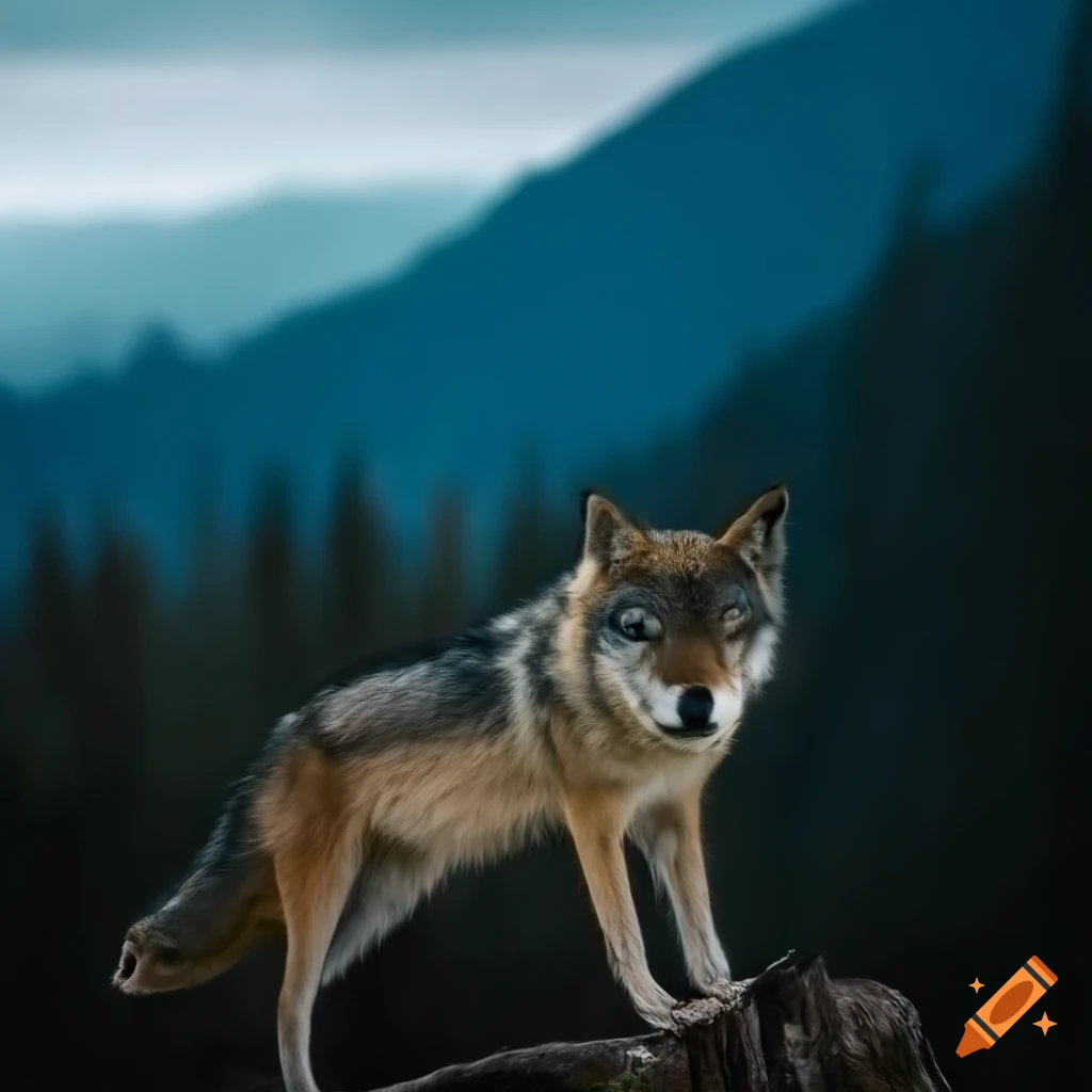 A wolf sitting on a tree stump looking at misty mountains across a ...