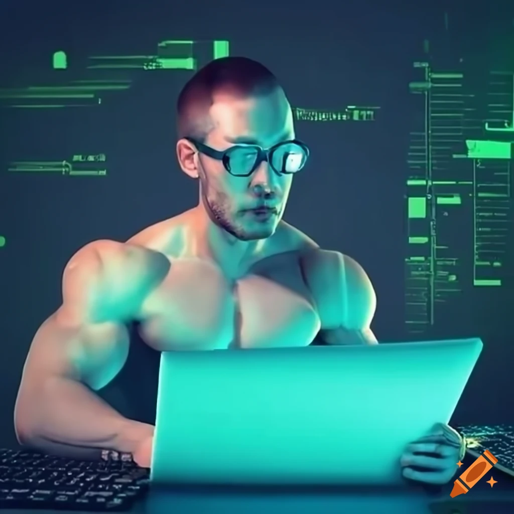 Nerdy very muscular bodybuilder working on computer with a lot of data ...