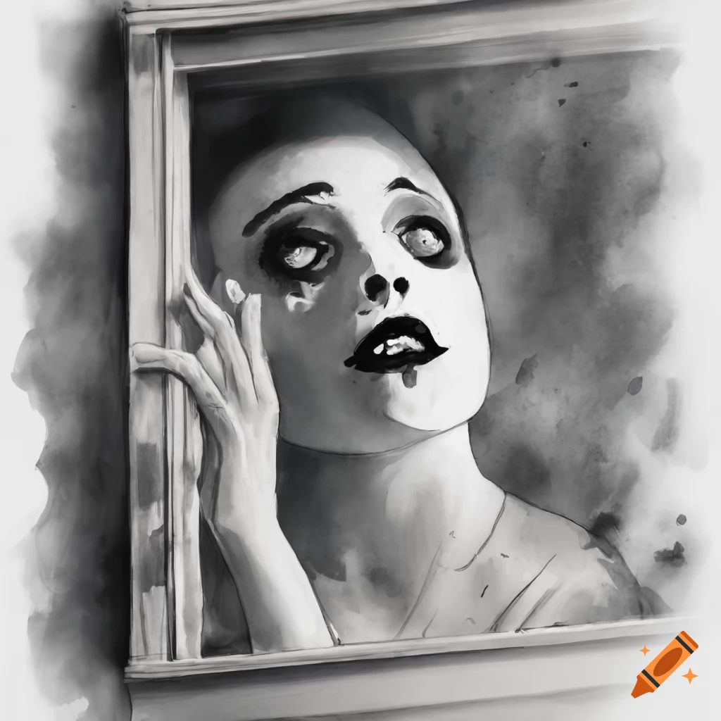 Eerie watercolor of a haunting mime peering through a window. black and ...