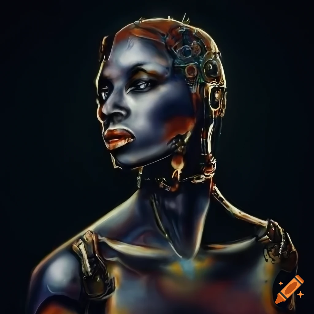 Airbrush painting of A black cyborg with Grunge fashion, showing full ...