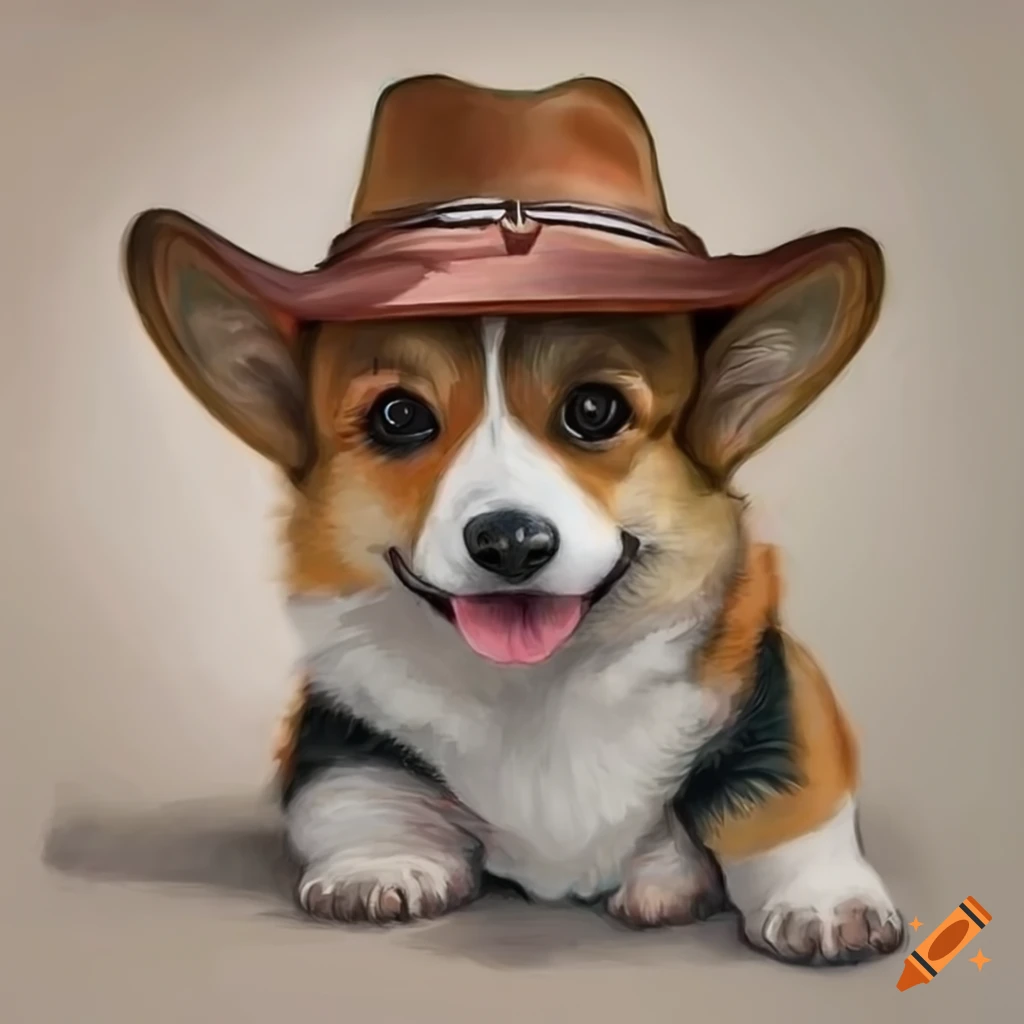 Hyper realistic portrait drawing of a baby corgi wearing a highly ...