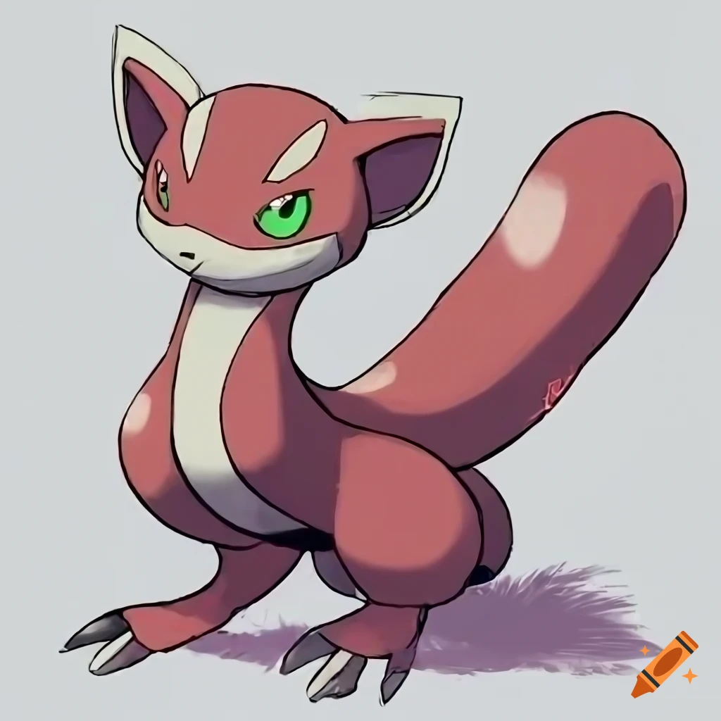 A silver weasel, red arms, ken sugimori style, pokémon on Craiyon