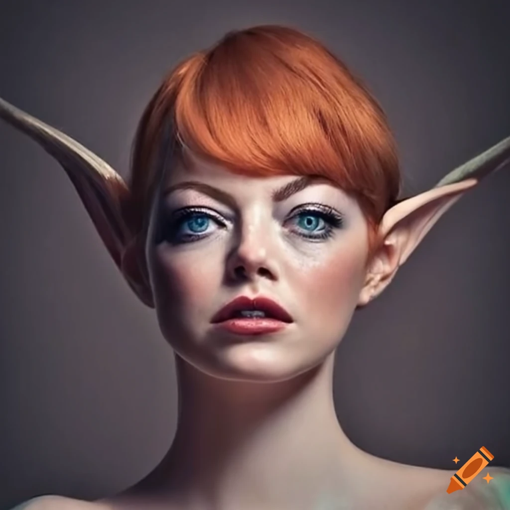 Emma Stone portrays a blue skinned elf, with long, red hair and pointed ears on Craiyon