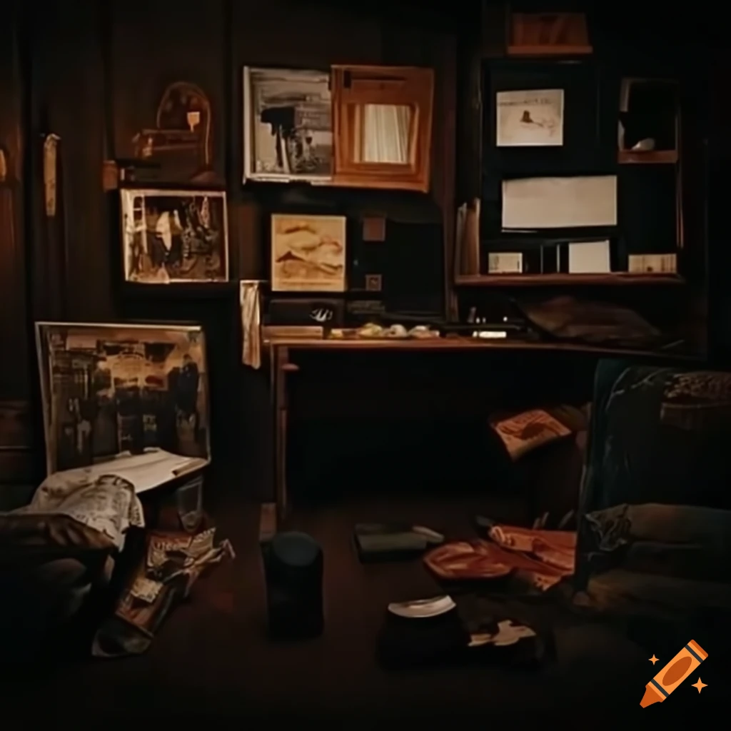 A cluttered room filled with conspiracy theory posters and newspaper ...