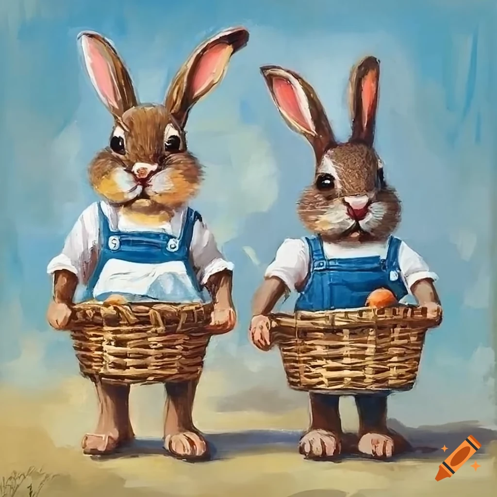 Classic painting of 2 brown rabbits with white spots wearing overalls ...
