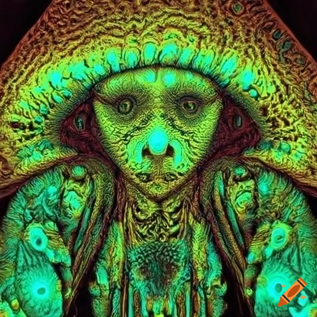 Encountering dmt fungi people, luminous colors of gold, green, copper ...