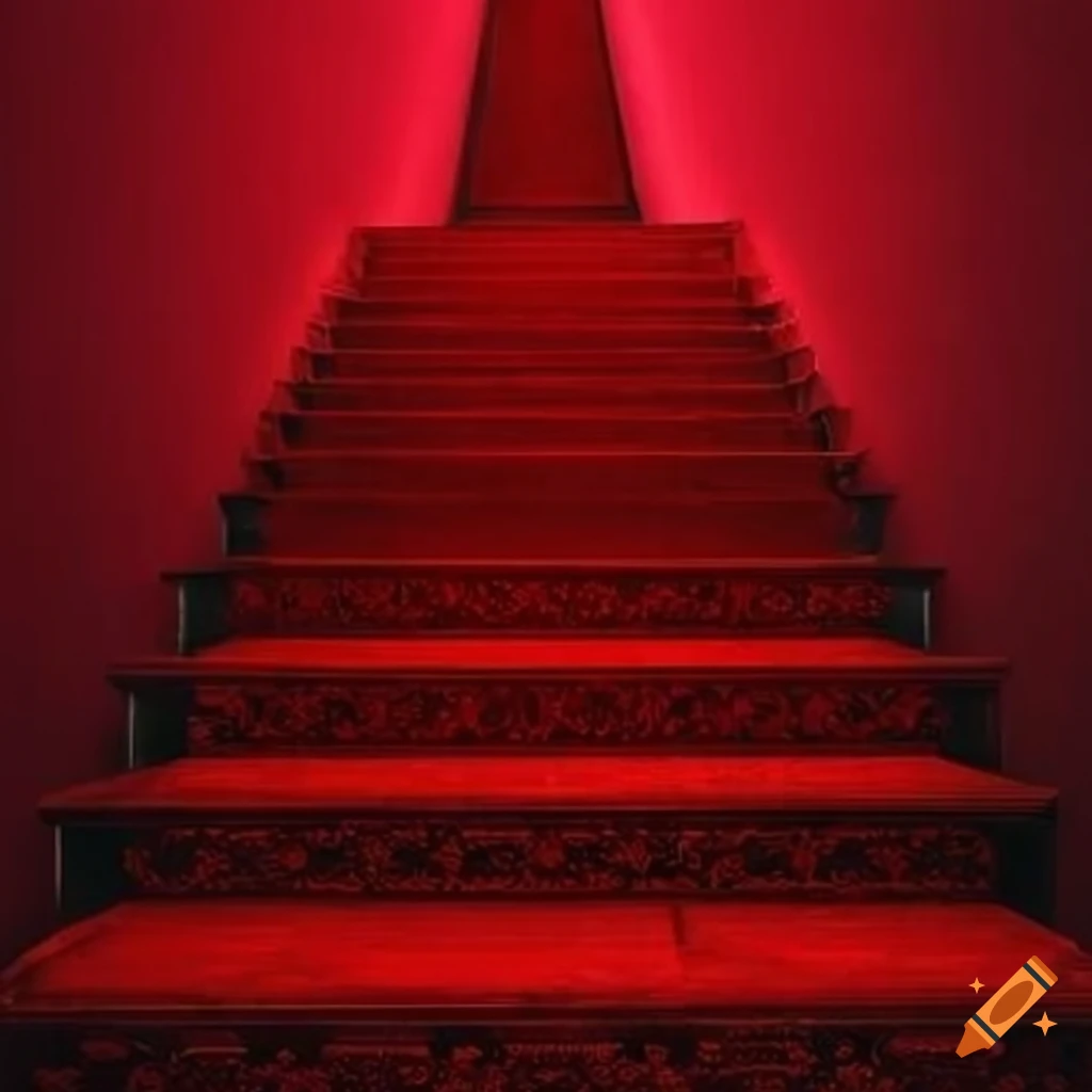 Wide red carpeted stairs