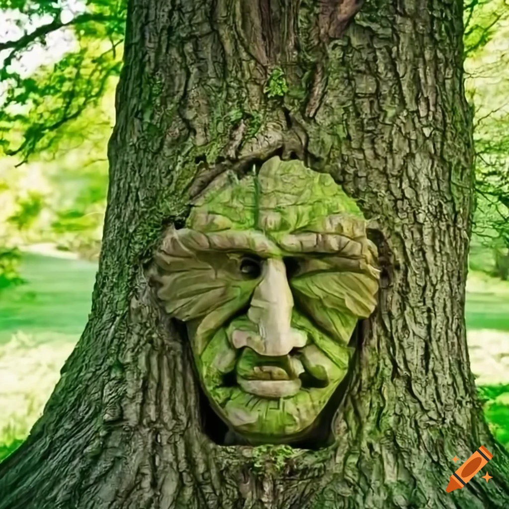 Intricate Green Man carving on an oak tree by a sunlit stream on Craiyon
