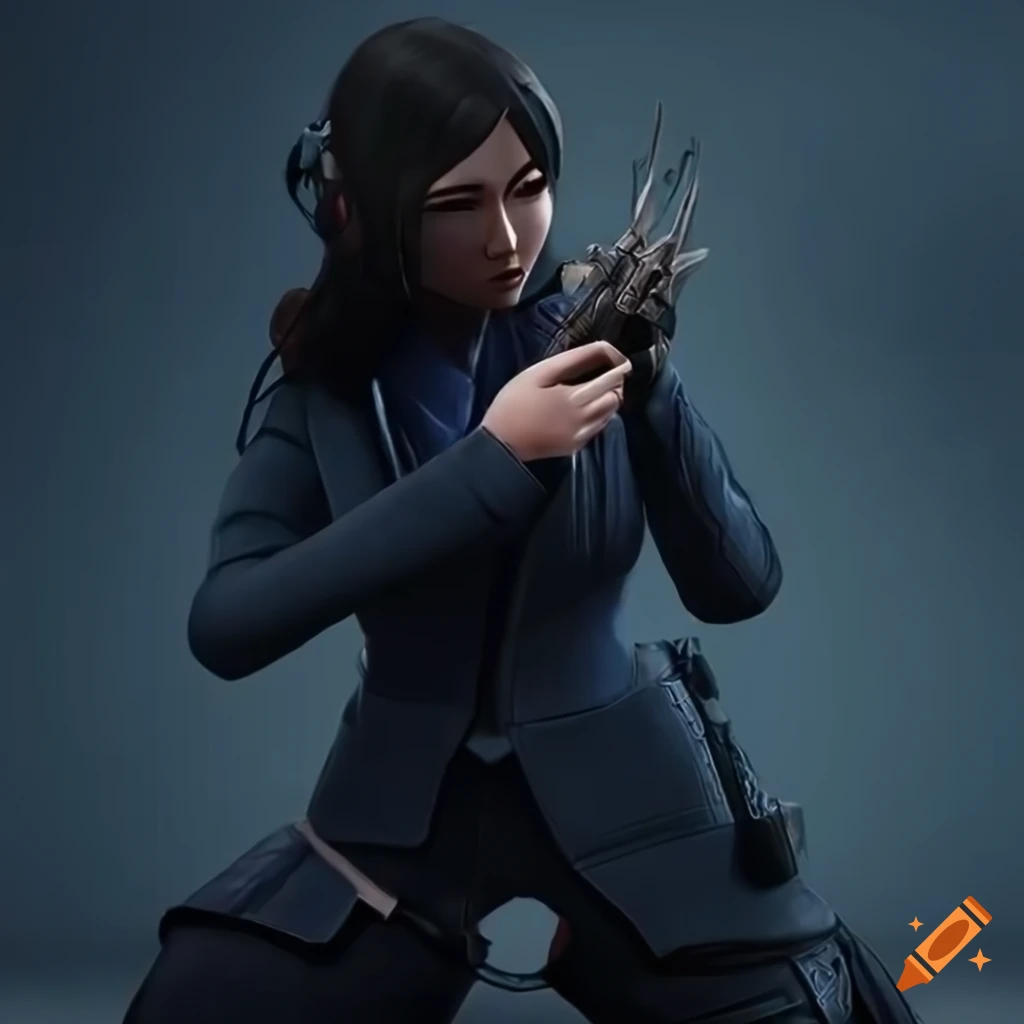 Azami From The Game Rainbow Six Siege Kneeling Holding Kunai Dark Blue Suit Jacket Black 