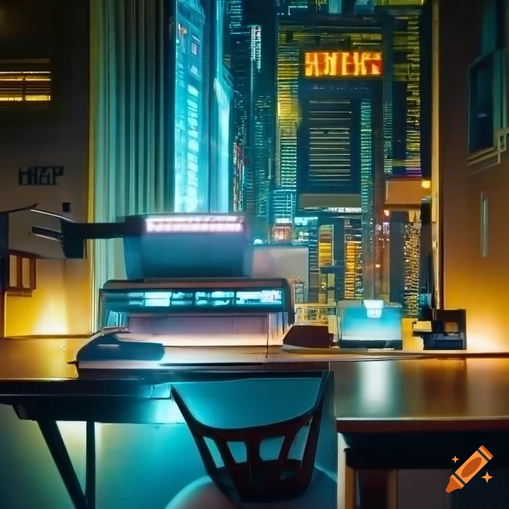 Wide shot of a nightly, 1930s-art-deco-style office, with a wooden desk ...