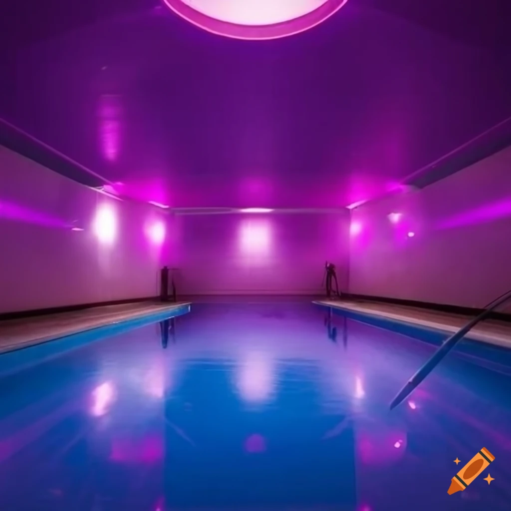 A serene liminal indoor pool with vibrant purple hues on Craiyon