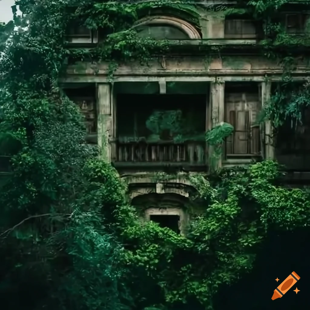 A old building surrounded by lush greenery and hanging vines cinematic scene on Craiyon