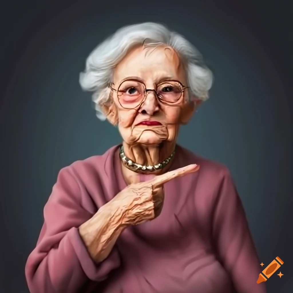 Create a realistic image of an old lady pointing to the right side