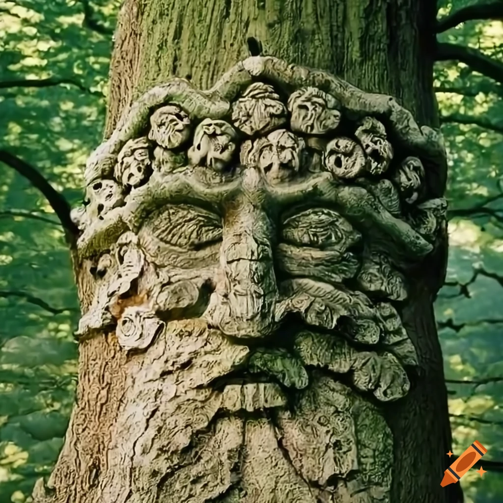 Intricate green man carving on an oak tree by a sunlit stream