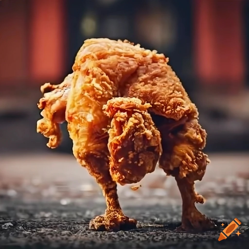 A fried chicken who is alive walks across a street on Craiyon