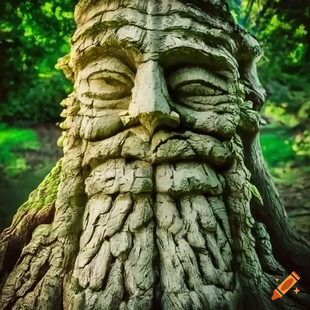 Intricate green man carving on an oak tree by a sunlit stream