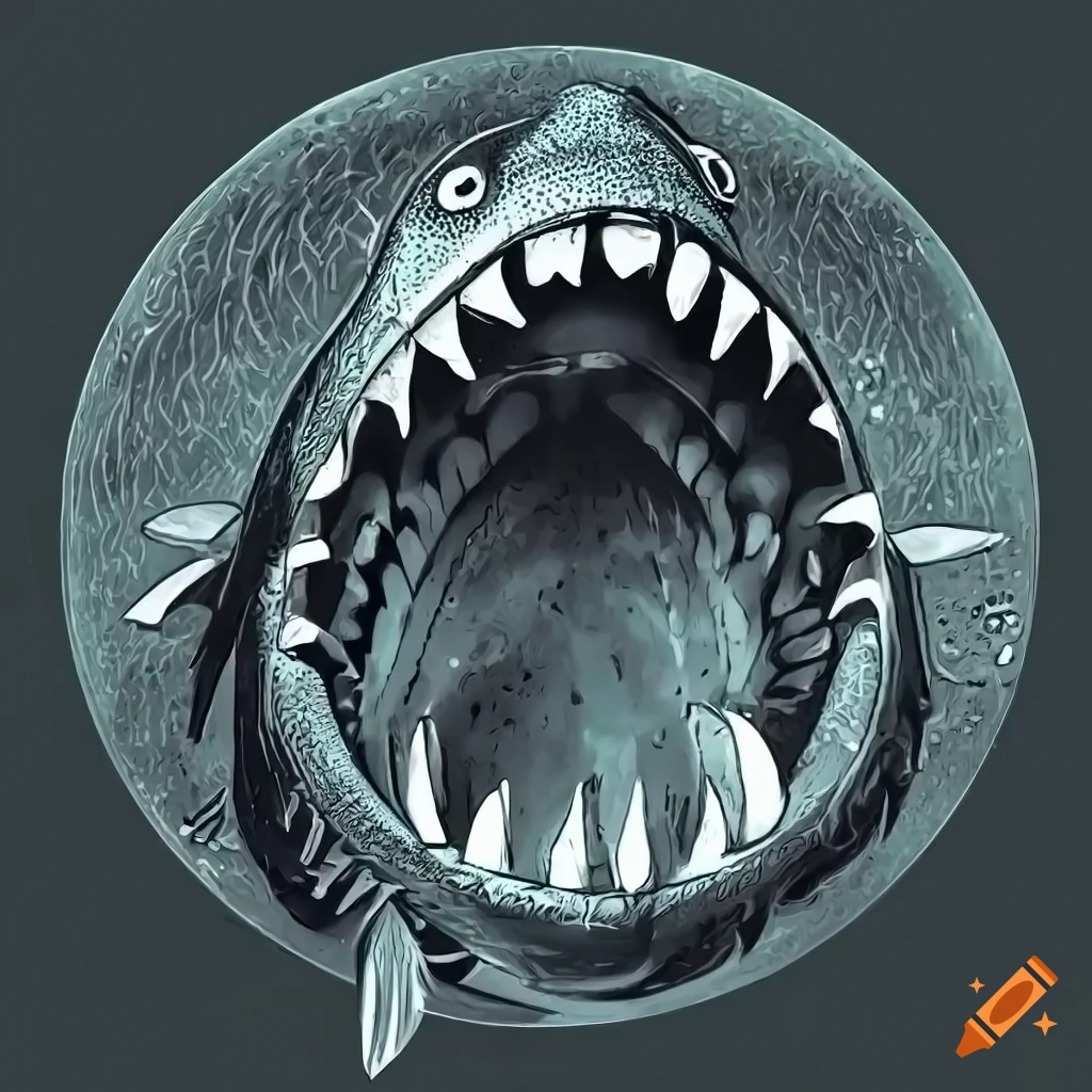Deep sea fish mouth teeth circle black and white illustation on Craiyon