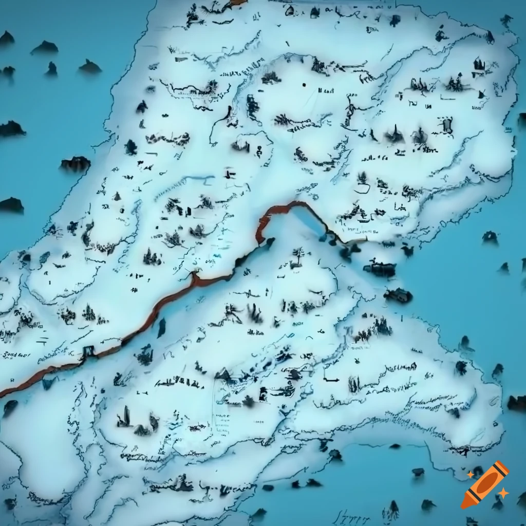 Top down map of a snowy and mountainous country on Craiyon