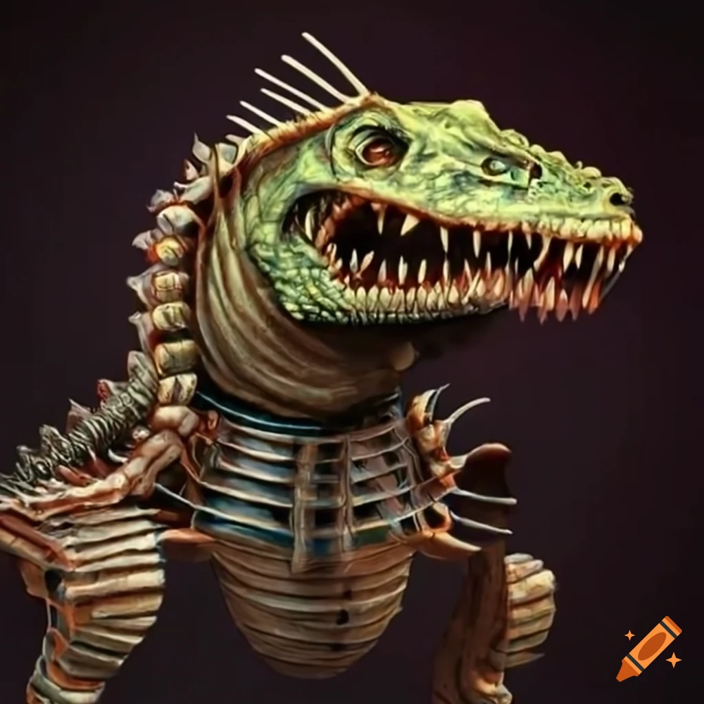 A fantastical reptilian creature being satiated by a mechanical contraption