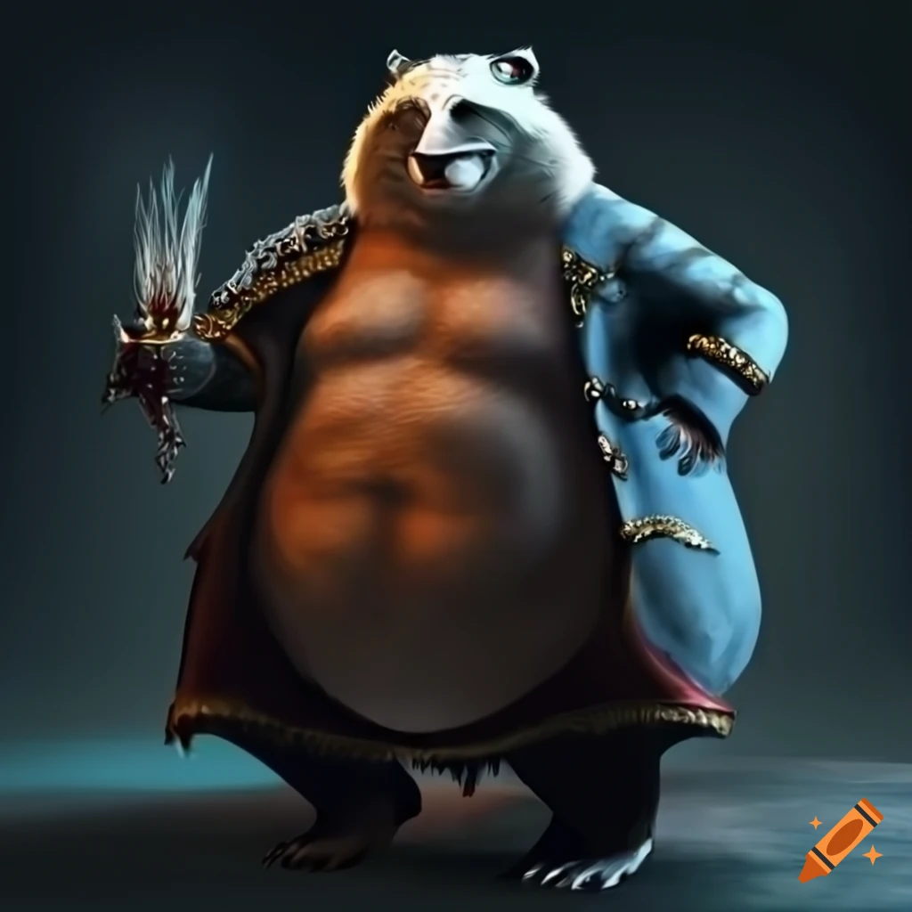 A fat bloated gluttonous anthro badger king wearing a royal coat with ...