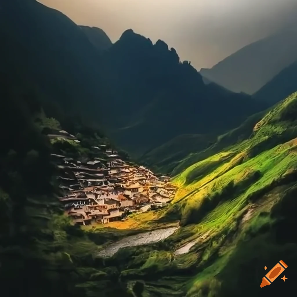 A small isolated village nestled amidst picturesque terraced mountains