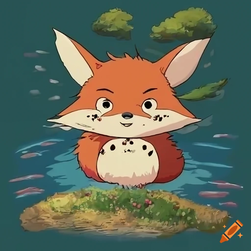 A fox by a river in the style of studio ghibli