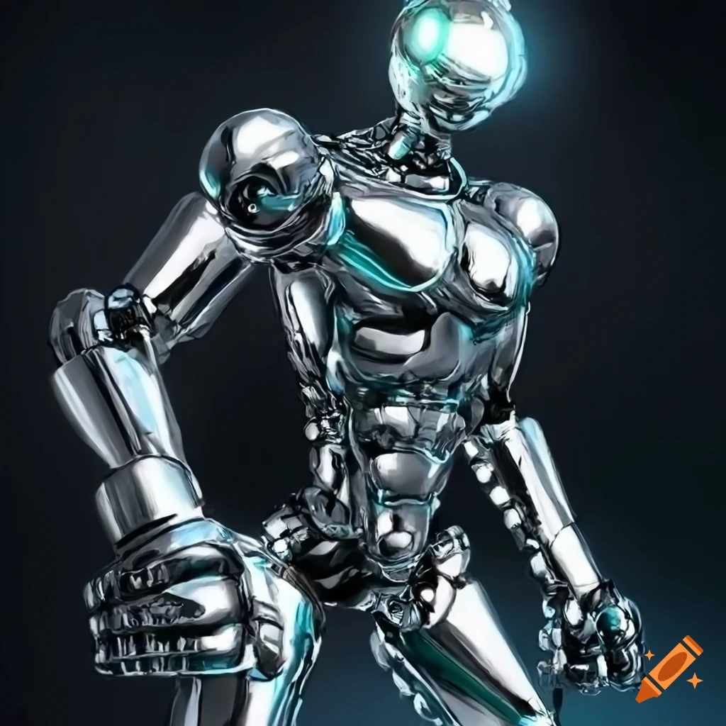 Shiny metallic chrome silver robot man with sphere head and glowing ...