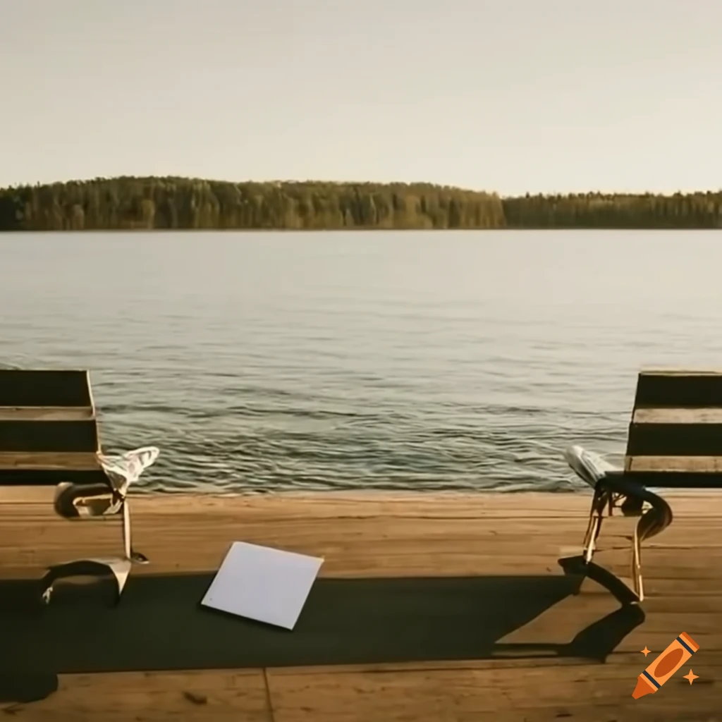 Serene lakeside view with an empty bench and a notepad