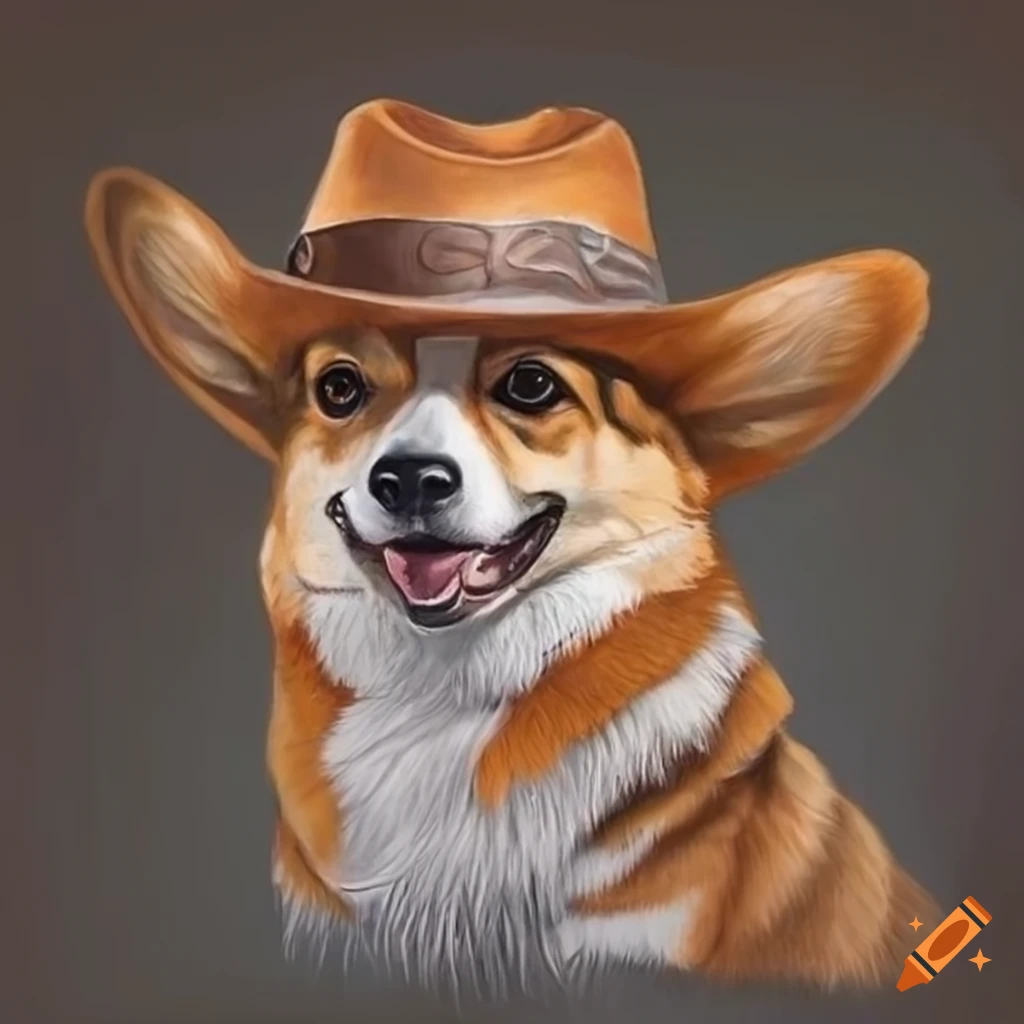 Hyper realistic portrait drawing of a corgi wearing a cowboy hat on Craiyon