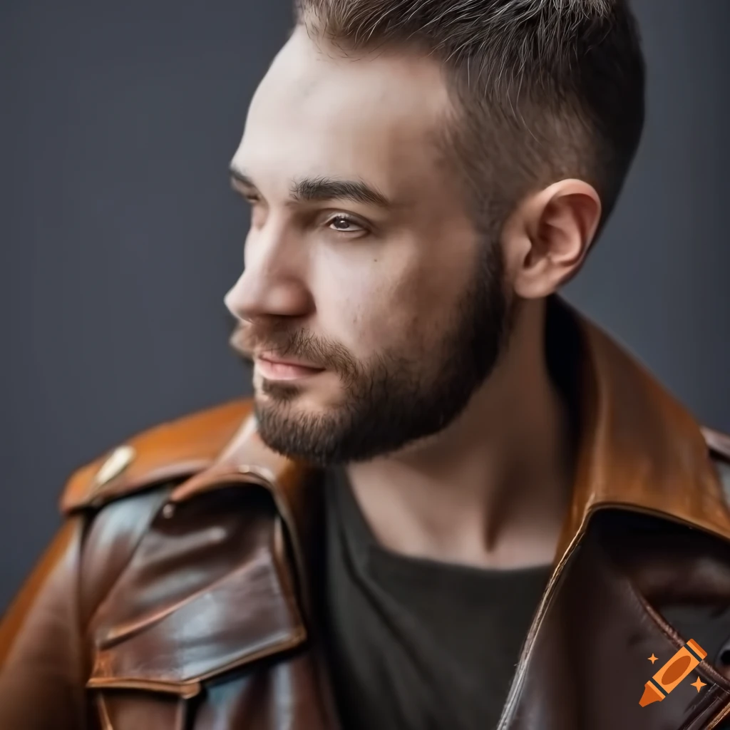 High quality profile photo of a guy with short beard in leathers looking into camera