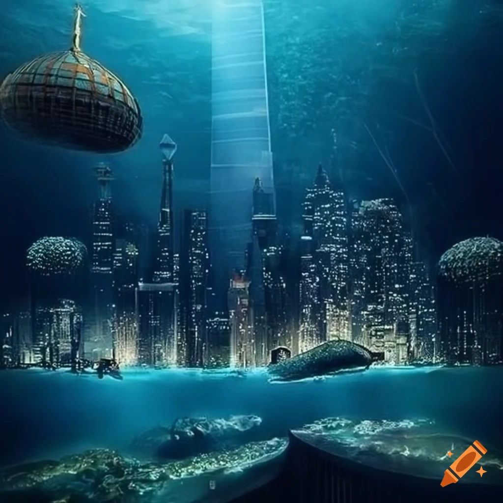 Beautiful lit up modern city underwater, tall skyscrapers, castles ...
