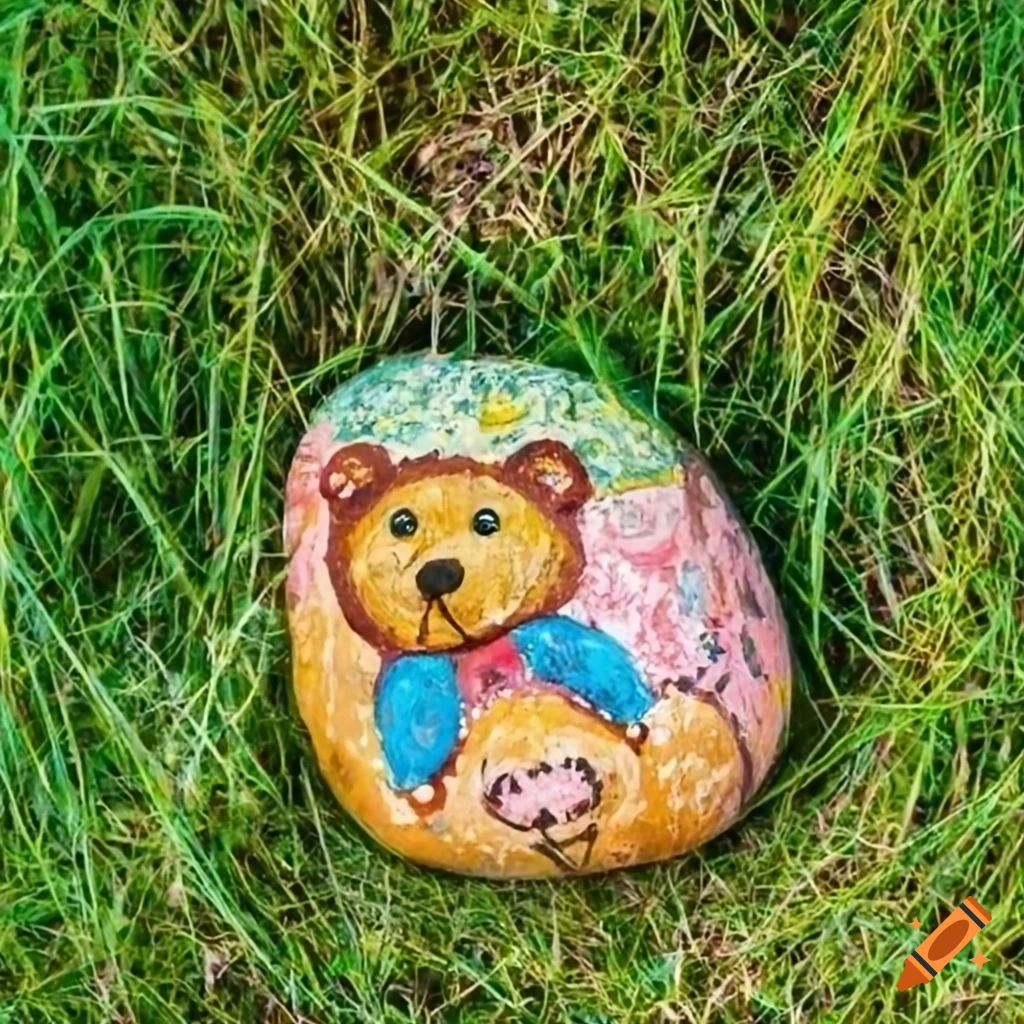 Painted river stone of an ornate painting of a teddy bear. The rock is ...