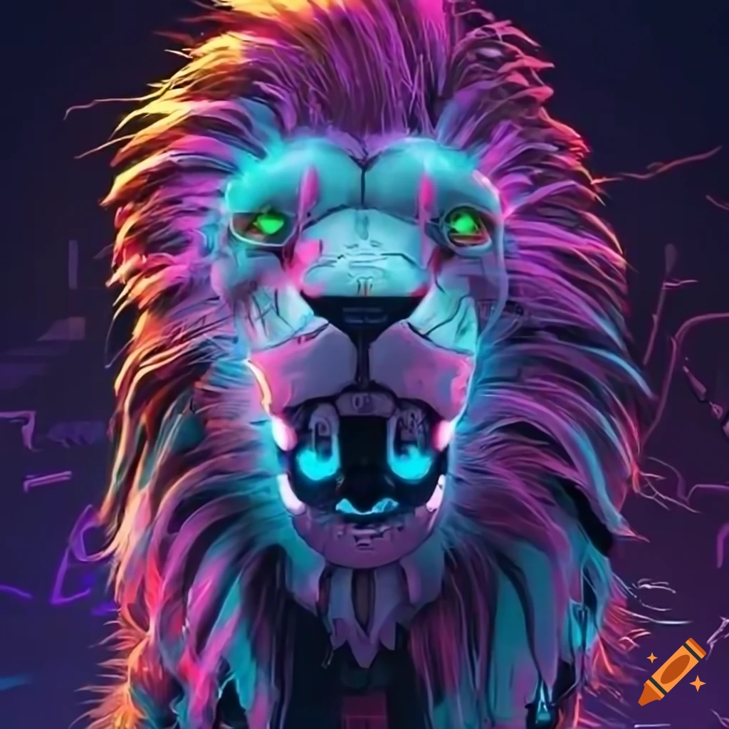 Cyborg lion, synthwave