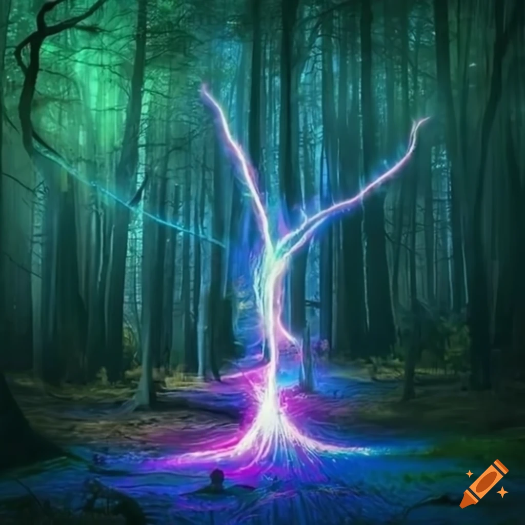A surreal glowing electric tree in a dreamlike forest